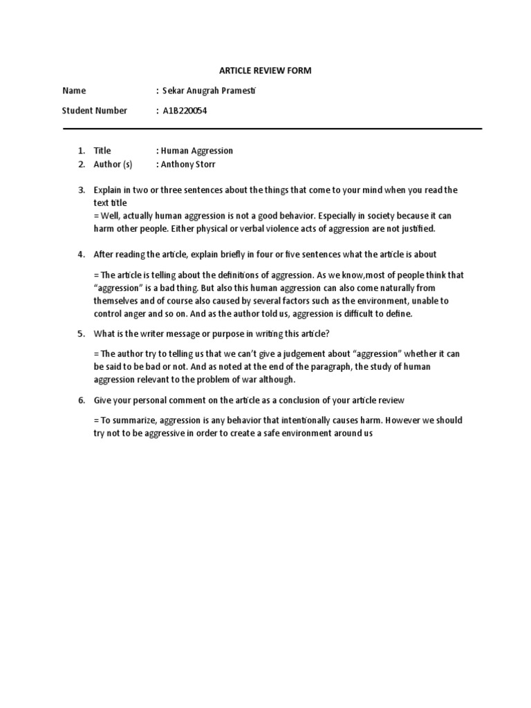 ARTICLE REVIEW FORM (Human Aggression) | PDF | Aggression | Resource