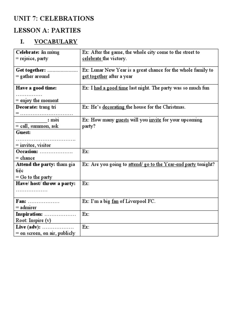 Unit 7: Celebrations Lesson A: Parties: I. Vocabulary | PDF | Language Arts & Discipline