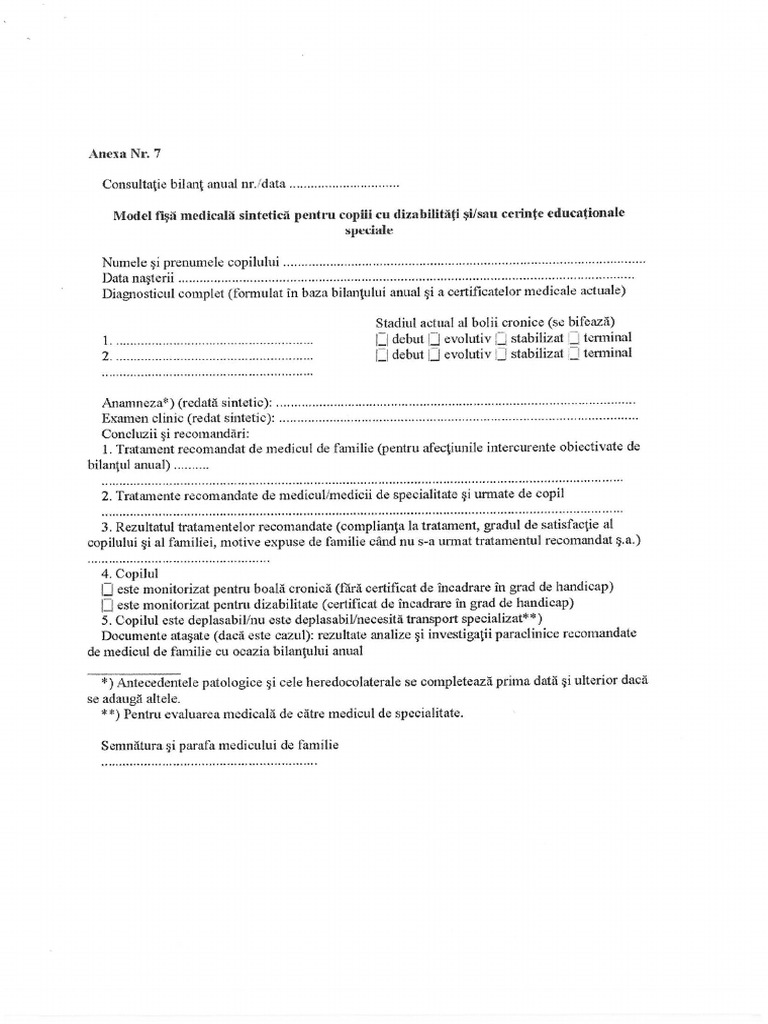 MODEL FISA MEDICALA SINTETICA Anexa 7 | PDF