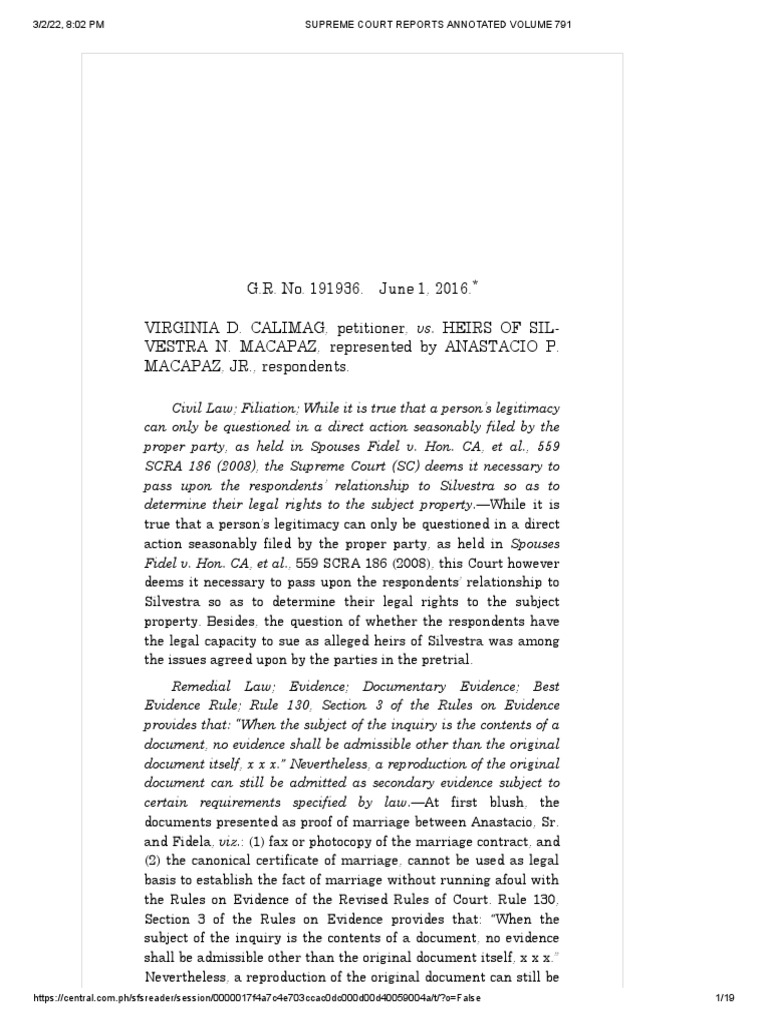 Calimag Vs Heirs of Macapaz | PDF | Marriage | Legitimacy (Family Law)