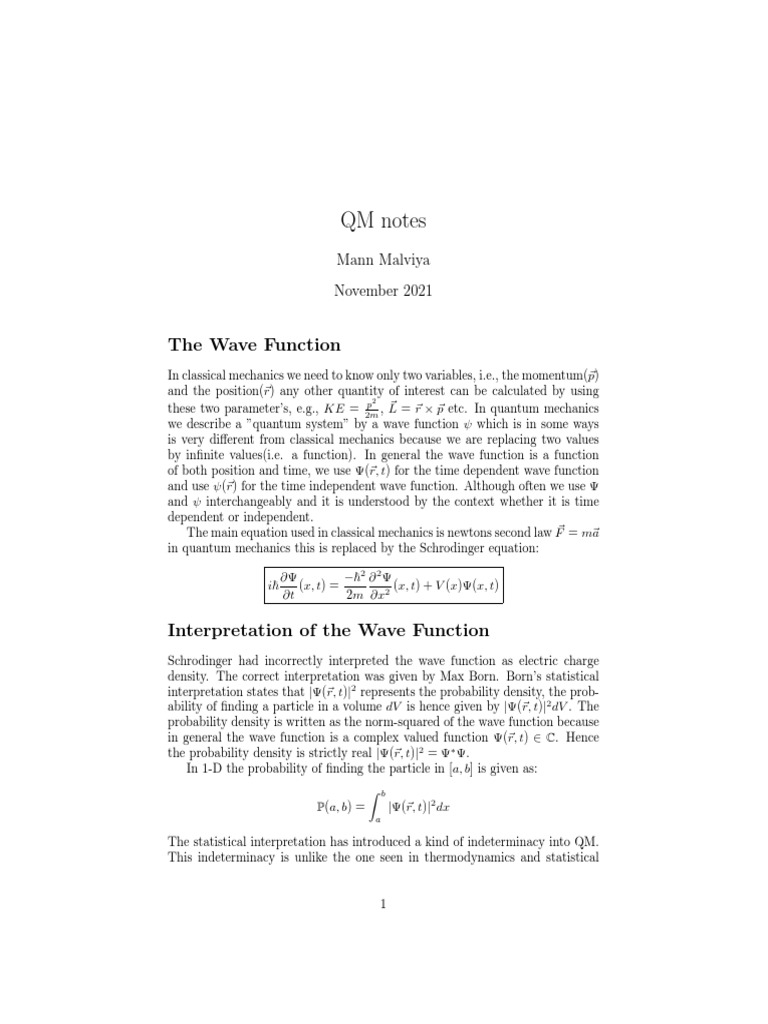 QM Notes: The Wave Function | PDF | Wave Function | Schrödinger Equation