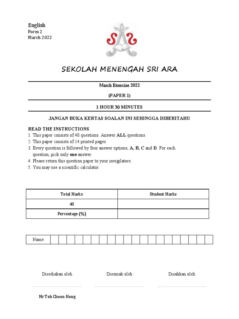 1 Mar SPM Sabah Question Paper (ENG) SMKA - SABK Set1 K1 | PDF | Perfume
