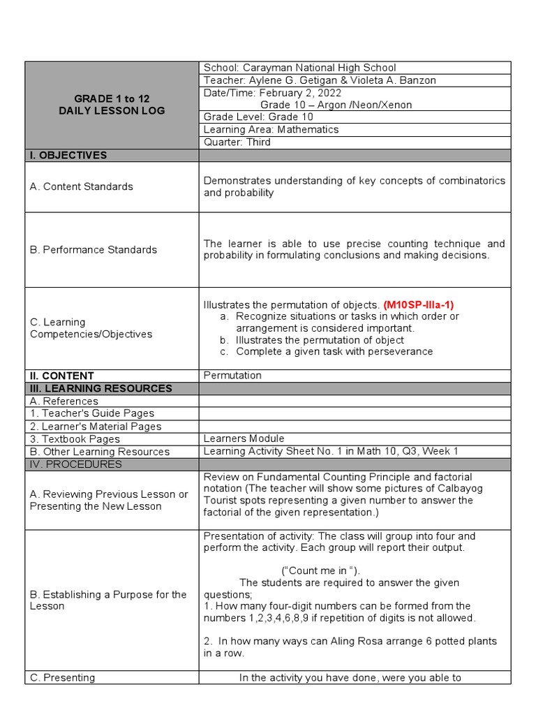 DLL Math 10 | PDF | Permutation | Learning