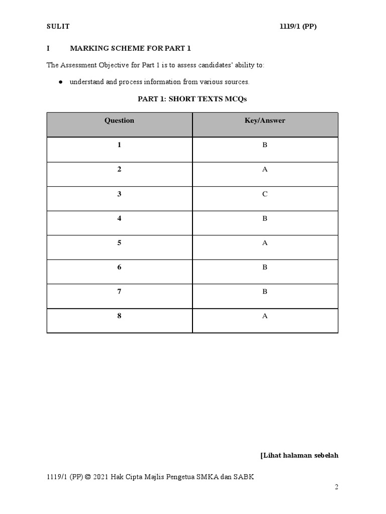 1 Mar SPM Answer Scheme (ENG) SMKA - SABK Set1 SKEMA K1 | PDF