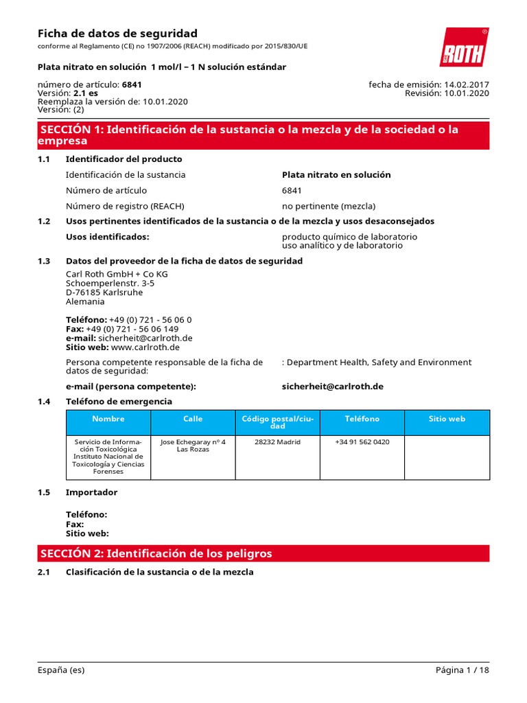 Hoja de datos de seguridad para una solución estándar de nitrato de plata 1M | PDF | Toxicidad ...