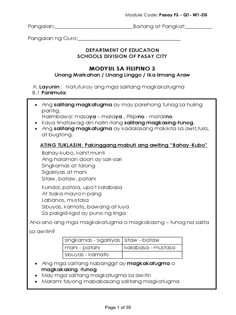 Pasay Grade 3 Q1 W1 D5 | PDF