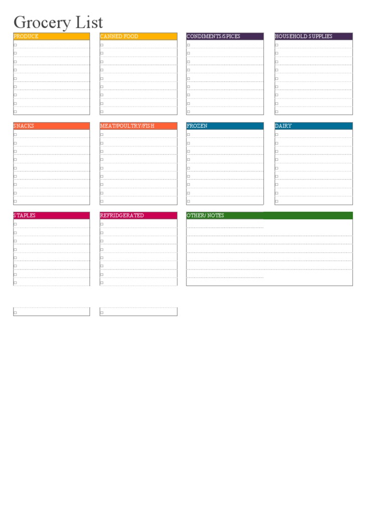 Grocery List: Produce Canned Food Condiments/Spices Household Supplies ...