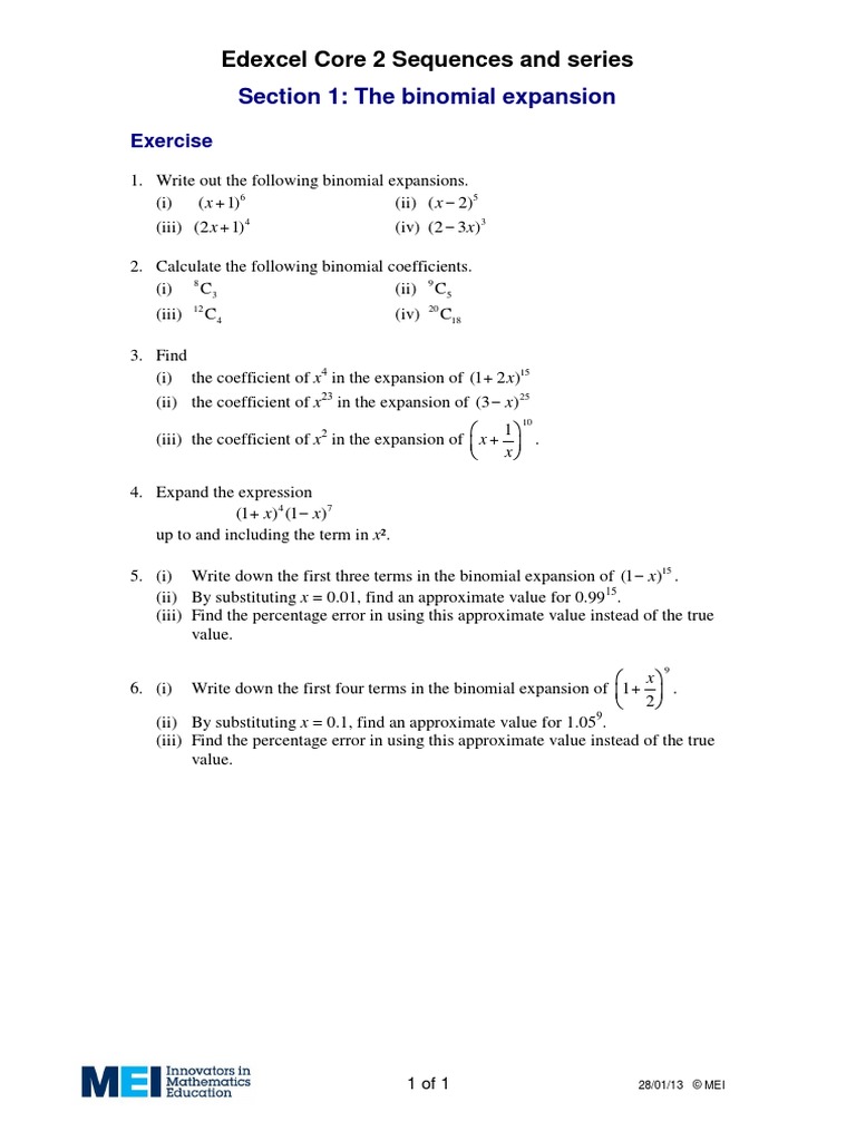 Section 1: The Binomial Expansion: Edexcel Core 2 Sequences and Series ...