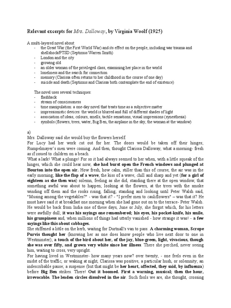 Excerpts, Notes & Questions For Mrs Dalloway | PDF | Mrs Dalloway