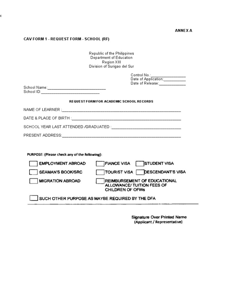Annex A Cav Form 1 - Request Form - School (RF) | PDF | Certification | Travel Visa