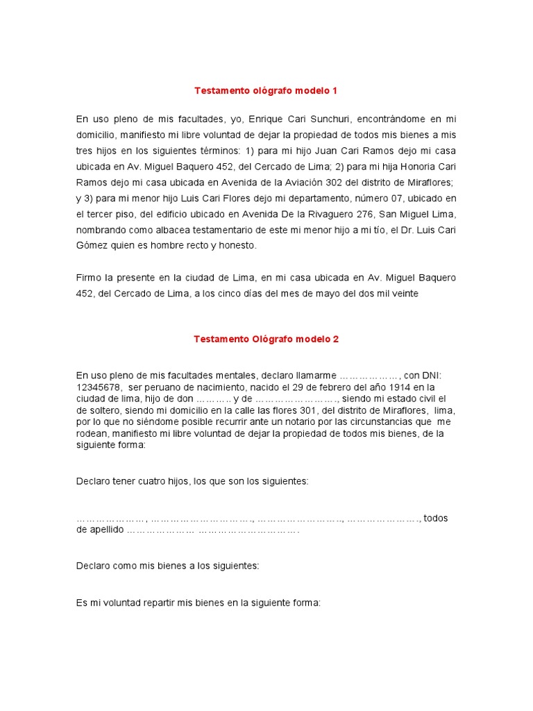 Testamento Ológrafo Modelo | PDF | Voluntad y testamento | Ley común