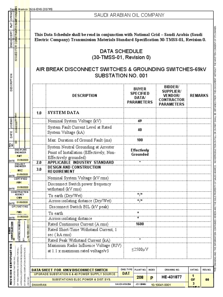 Technical Specifications for 69kV Air Break Disconnect Switches and ...