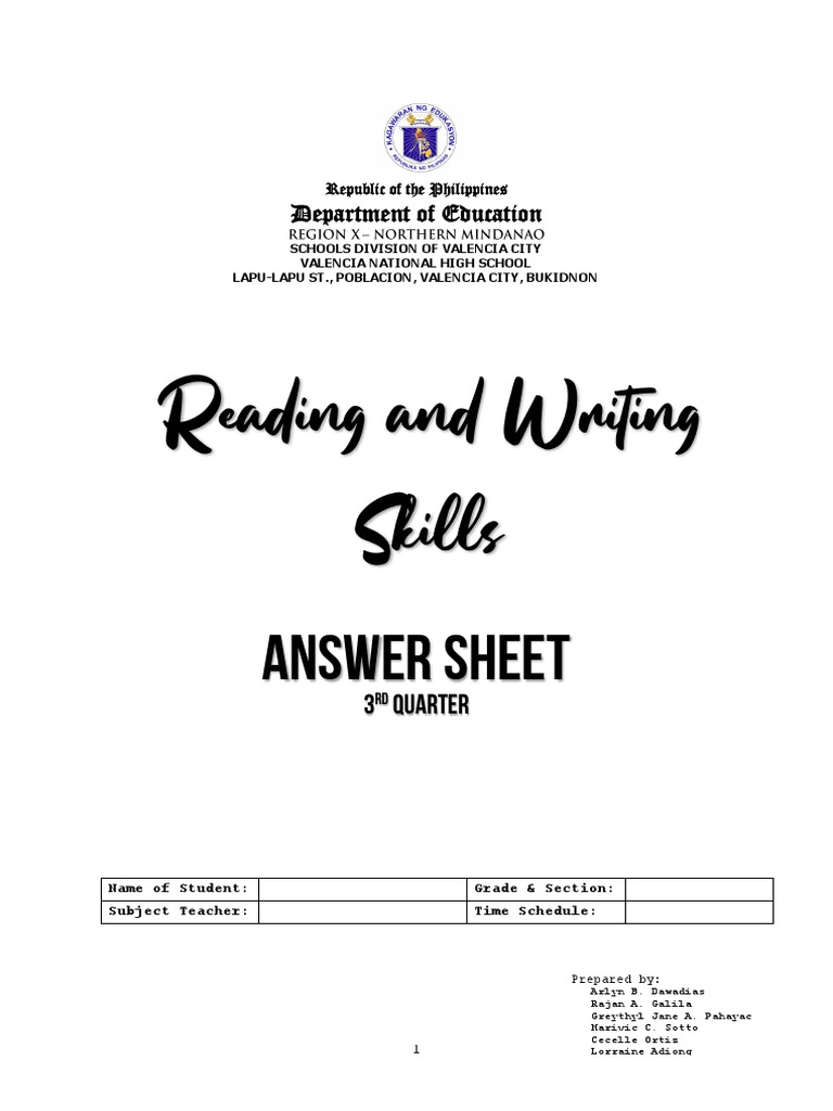 AnswerSheet RWS 3rd Quarter | PDF | Essays | Teachers