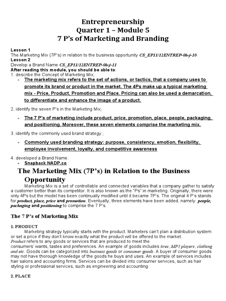 Module 5, Quarter 1, Entrepreneurship | PDF | Marketing | Brand