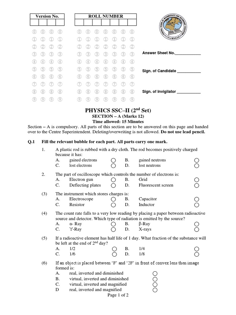 Physics SSC-II (2nd Set) | PDF | Waves | Electrostatics