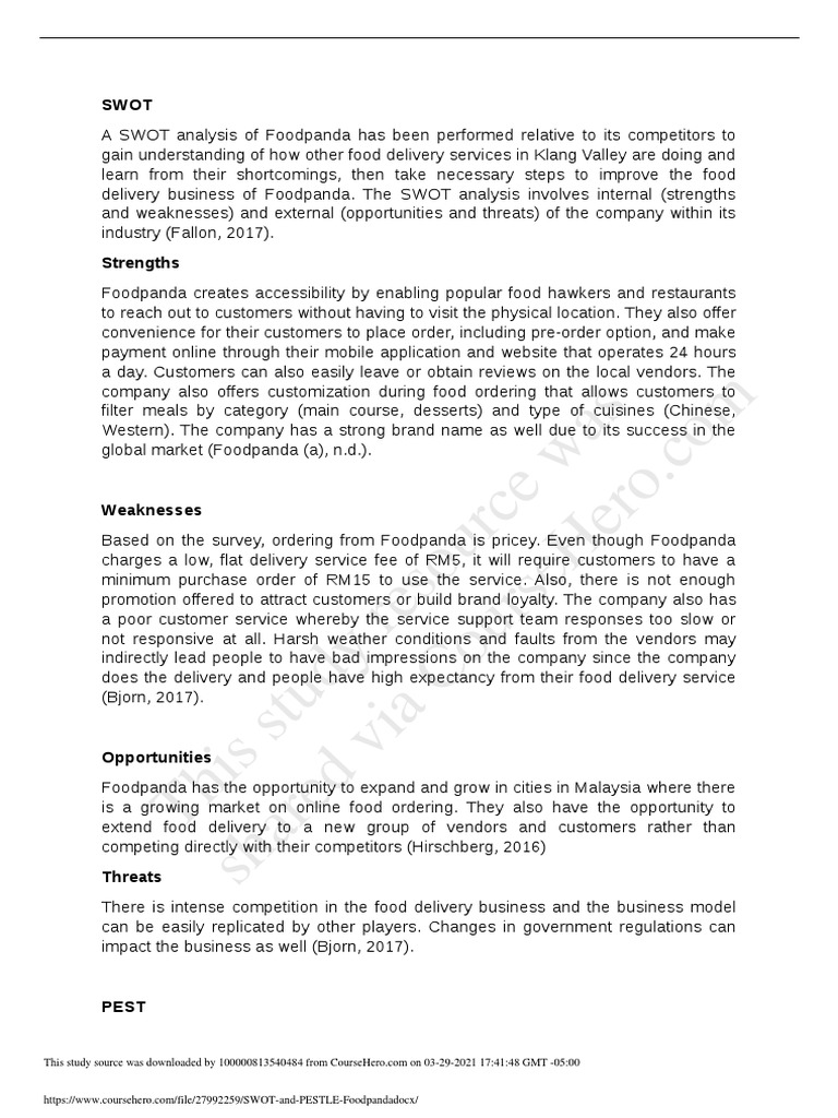 SWOT and PESTLE Foodpanda | PDF | Swot Analysis | Foods