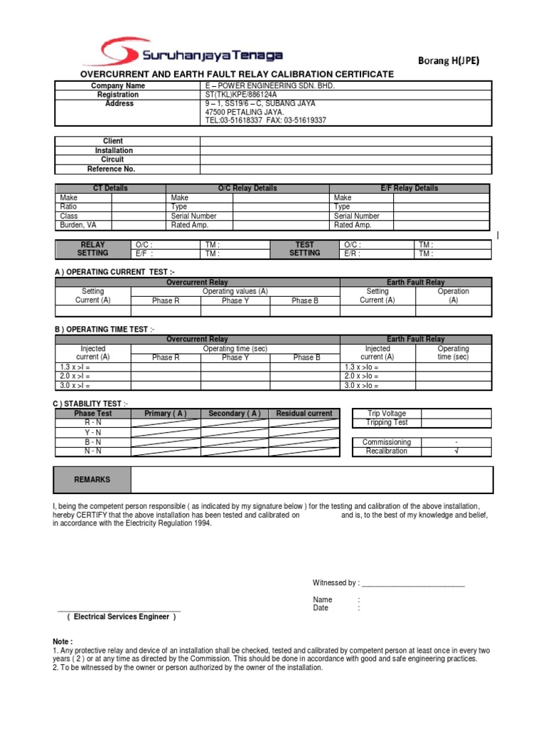 Overcurrent and Earth Fault Relay Calibration Certificate | PDF | Relay ...