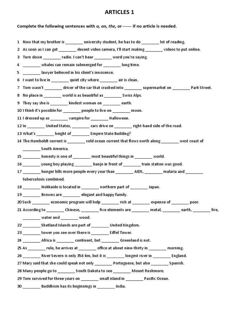 Articles 1: Complete The Following Sentences With A, An, The, or - If ...