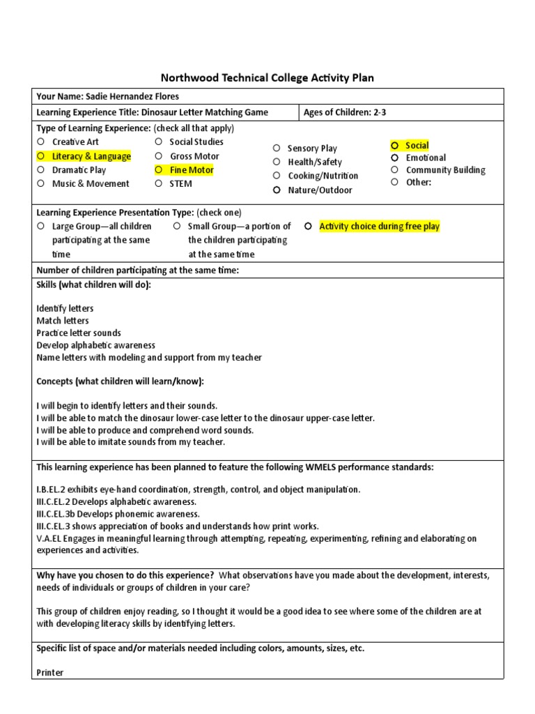 Northwood Technical College Activity Plan | PDF | Learning | Experience