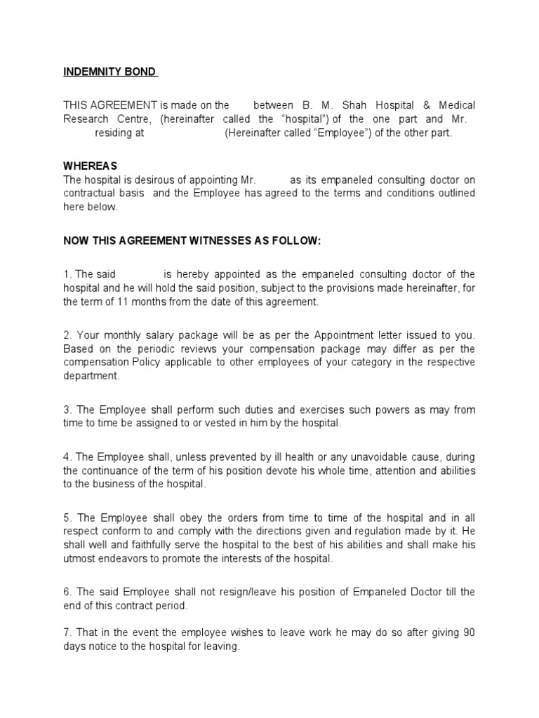 Indemnity Bond Pdf Employment Indemnity