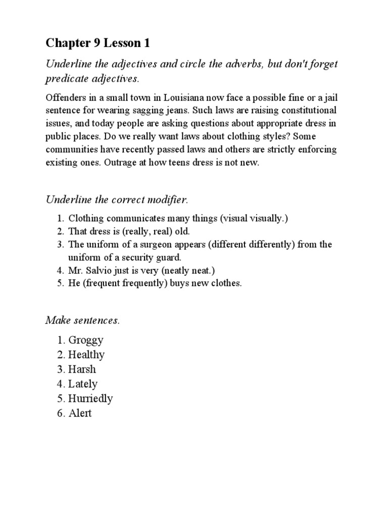 Chapter 9 Lesson 1: Underline The Adjectives and Circle The Adverbs ...