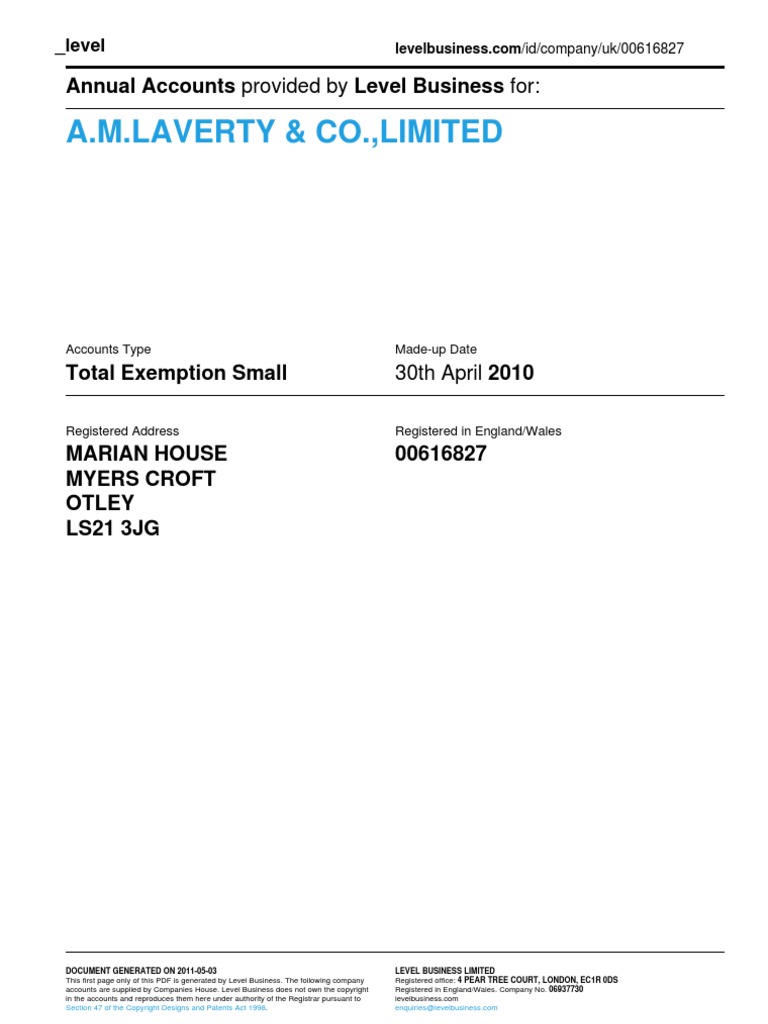 A.M.Laverty & Co.,Limited: Annual Accounts Provided by Level Business ...