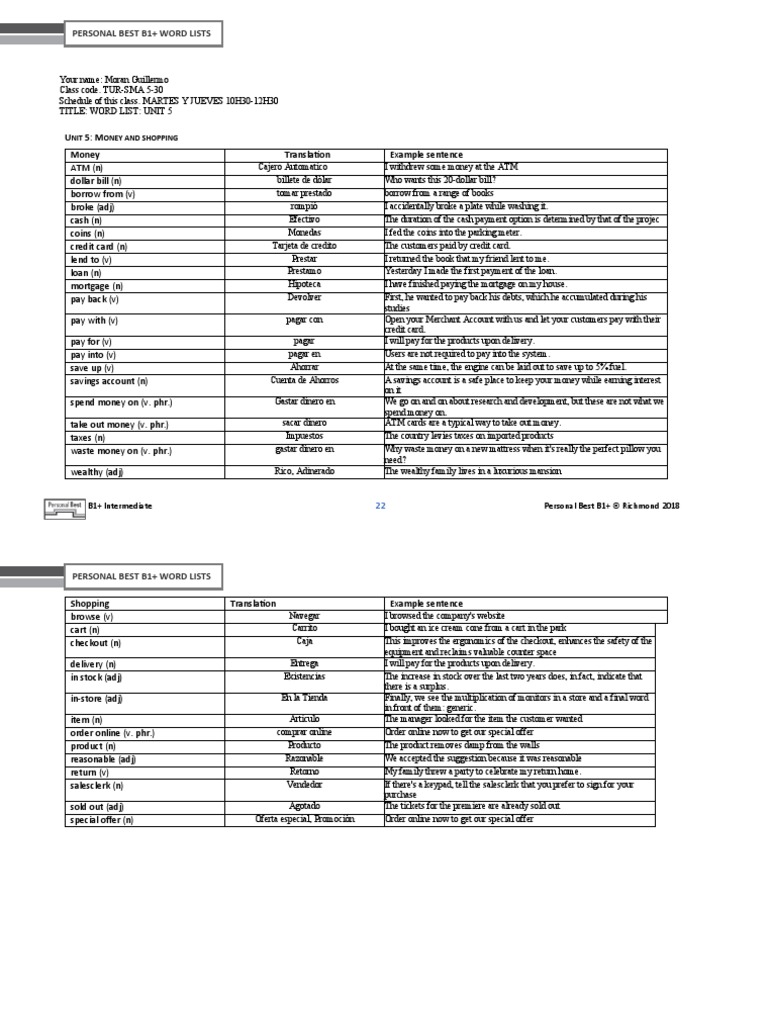 Personal Best B1+ Word Lists: U 5: M Money | PDF | Finance & Money ...