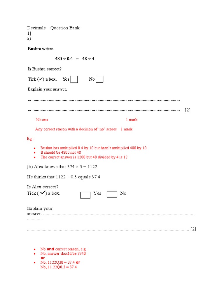 Decimals Question Bank | PDF | Numbers | Mathematical Objects