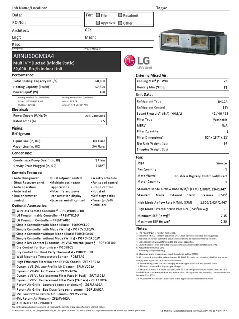 ARNU60GM3A4: Btu/h Indoor Unit | PDF | Air Conditioning ...
