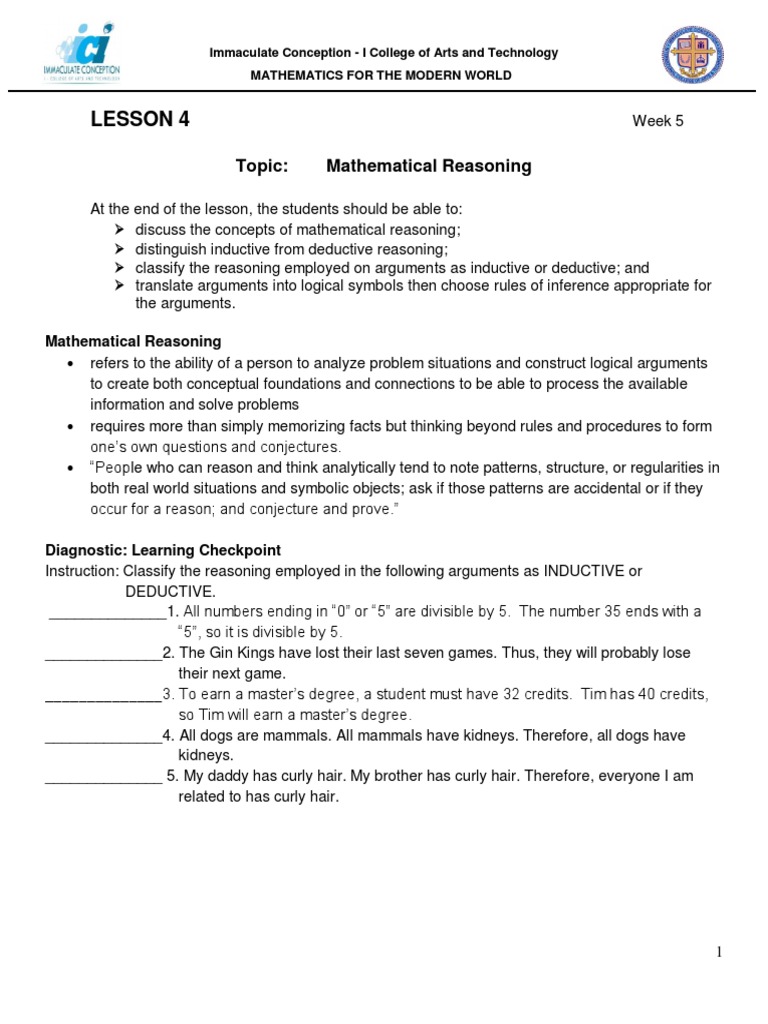 Lesson 4: Topic: Mathematical Reasoning | PDF | Theorem | Mathematical Proof