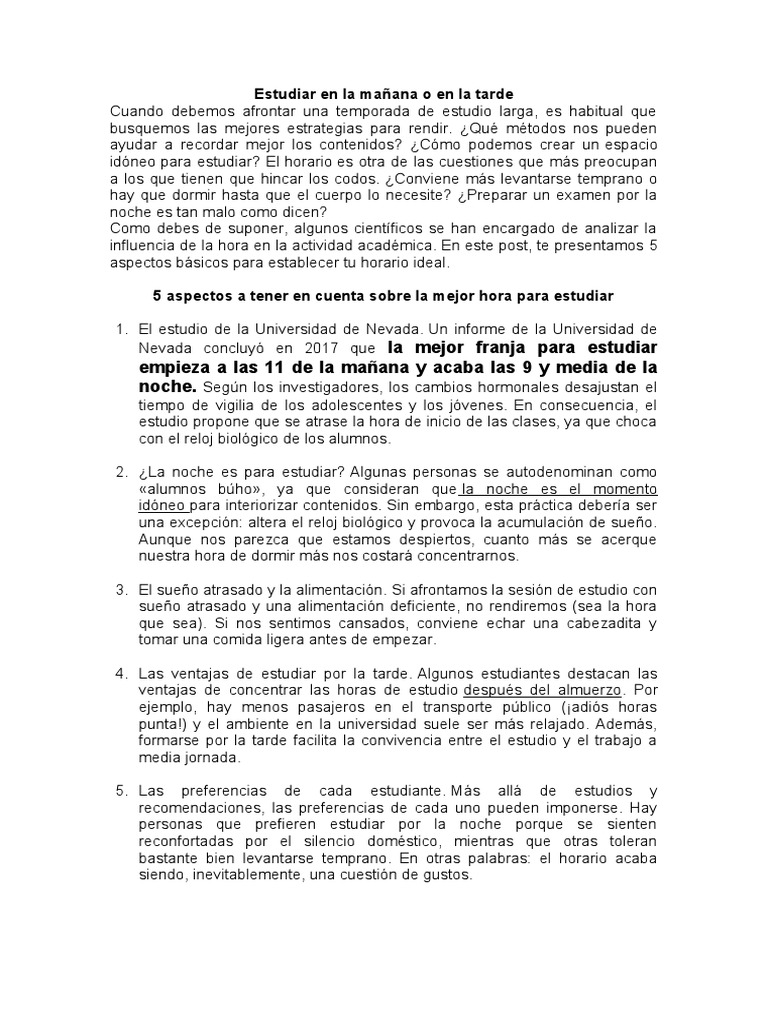 Mejor hora para estudiar: mañana o tarde | PDF | Dormir