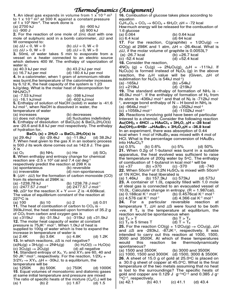 Thermodynamics (Assignment) | Download Free PDF | Temperature | Heat
