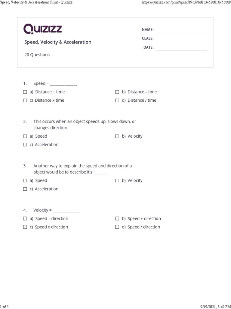 Physics Quiz: Speed & Acceleration | PDF | Acceleration | Force
