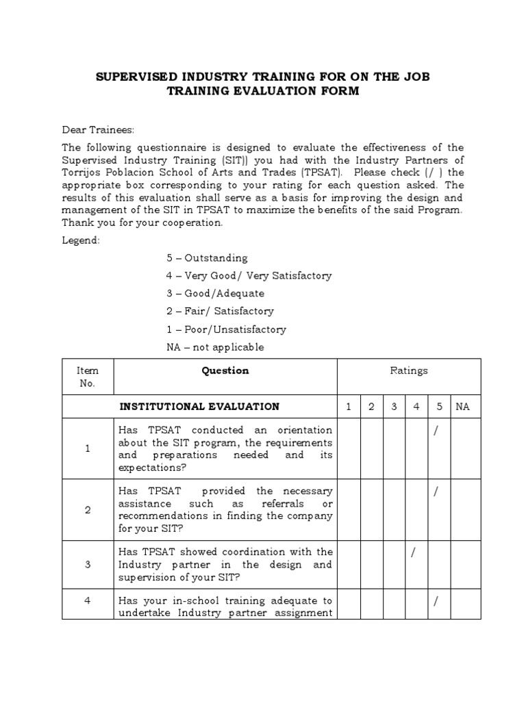 Supervised Industry Training For On The Job Training Evaluation Form ...
