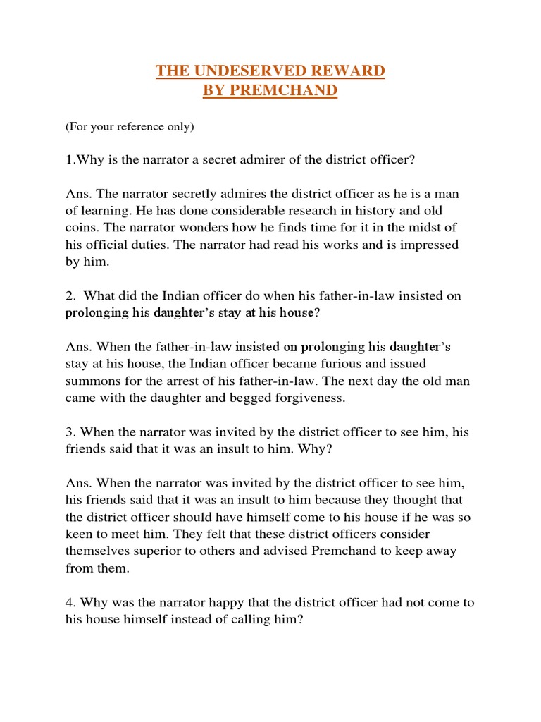 The Undeserved Reward by Premchand: (For Your Reference Only) | PDF ...