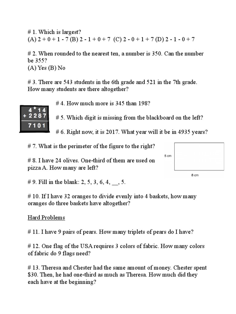 4th Grade Questions 10 Easy 5 Hard | PDF