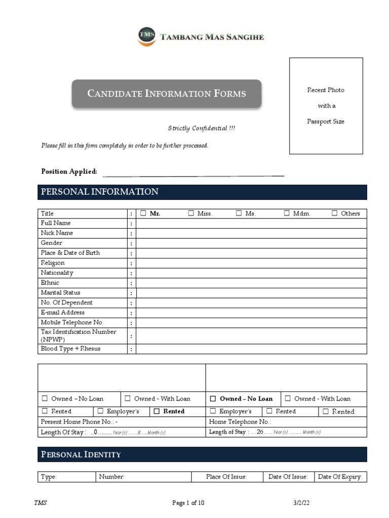 TMS - Candidate Information Form | PDF | Identity Document | Employment