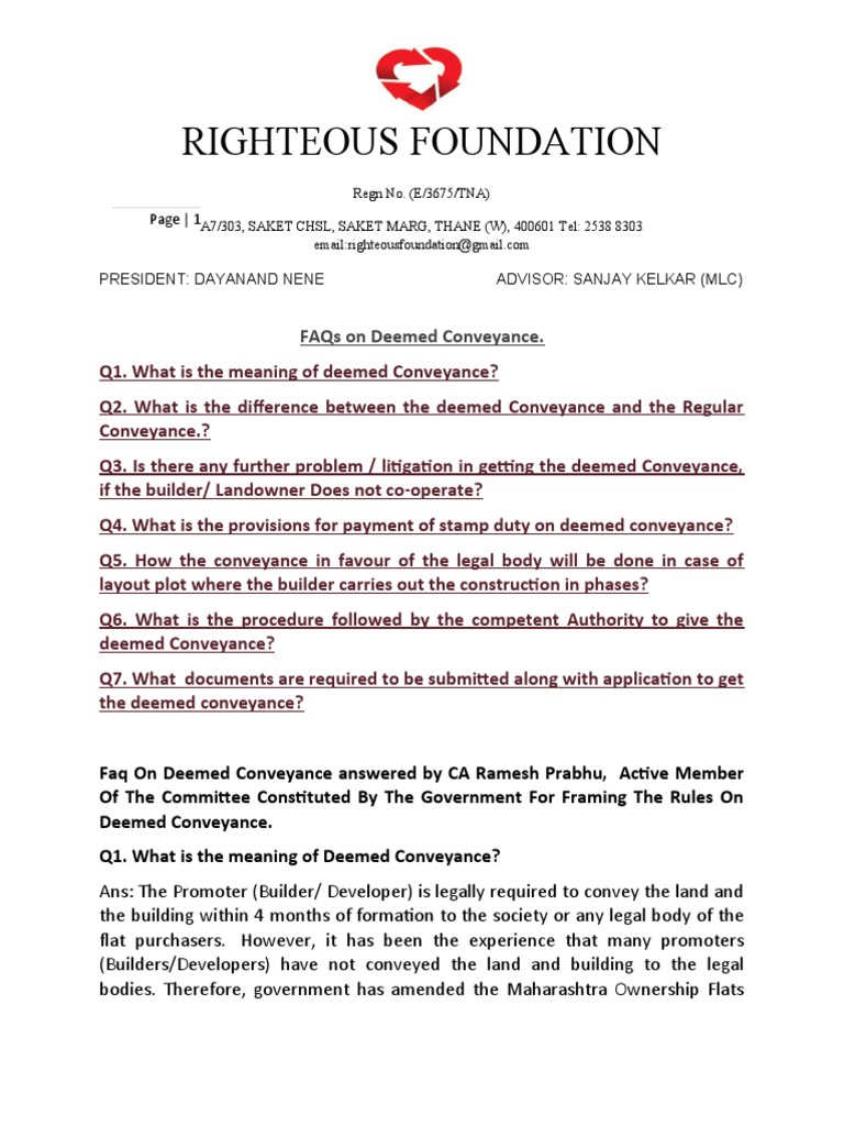 Righteous Foundation: Faqs On Deemed Conveyance | PDF | Conveyancing | Deed