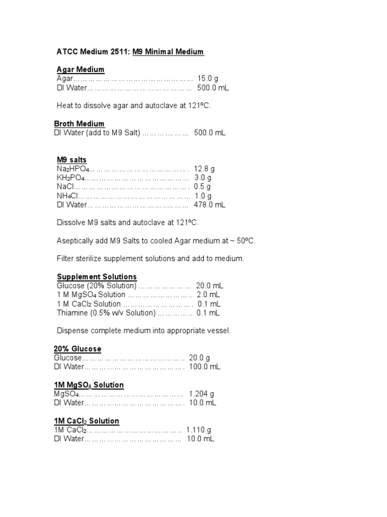 ATCC Medium 2511: M9 Minimal Medium Agar Medium | PDF