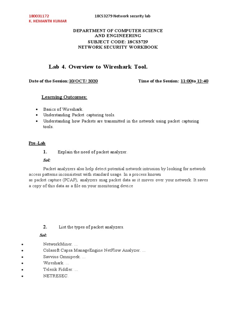 Lab 4. Overview To Wireshark Tool.: Learning Outcomes | PDF | Transmission Control Protocol ...