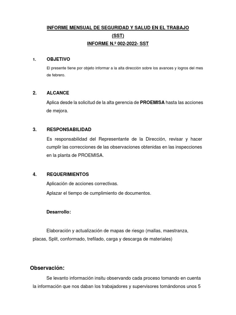 Informe Mensual de Seguridad y Salud en El Trabajo | PDF | Ciencias de la Salud