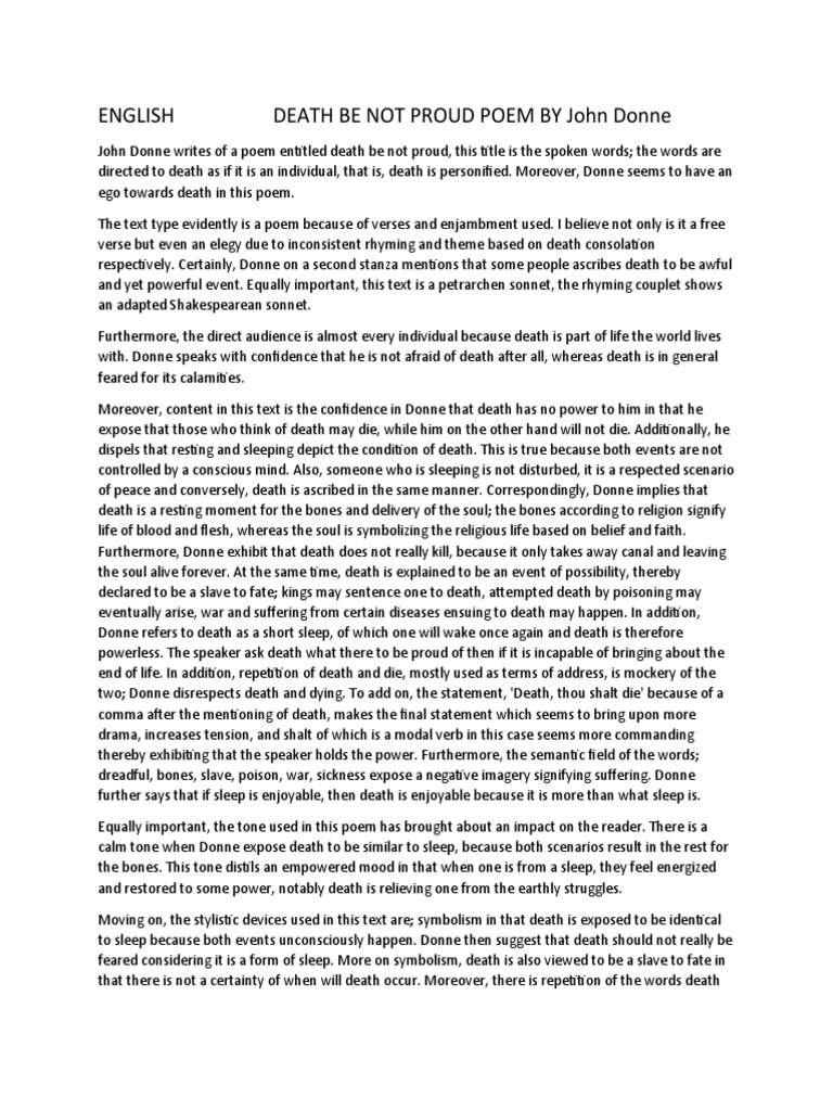 ENGLISH DEATH BE NOT PROUD POEM BY John Donne | PDF | Poetry | Death