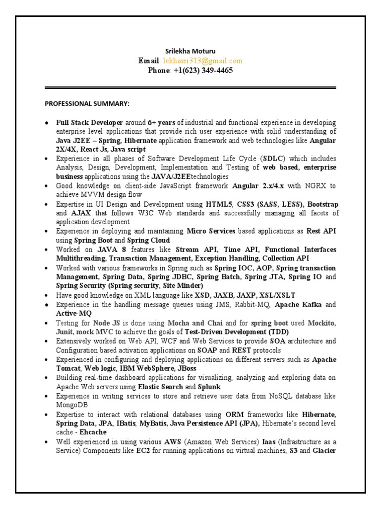 Srilekha Moturu Resume - Full Stack Developer Summary | PDF | Spring Framework ...