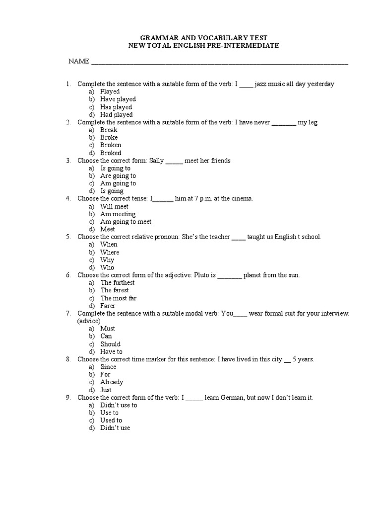 Pre-Intermediate Grammar and Vocabulary Test New Total English | PDF ...