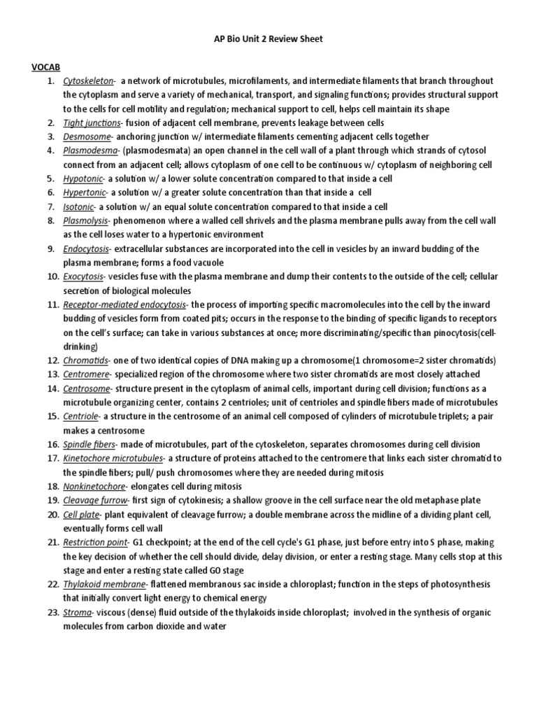 AP Bio Unit 2 Review Shee1 | PDF | Biotechnology | Adenosine Triphosphate