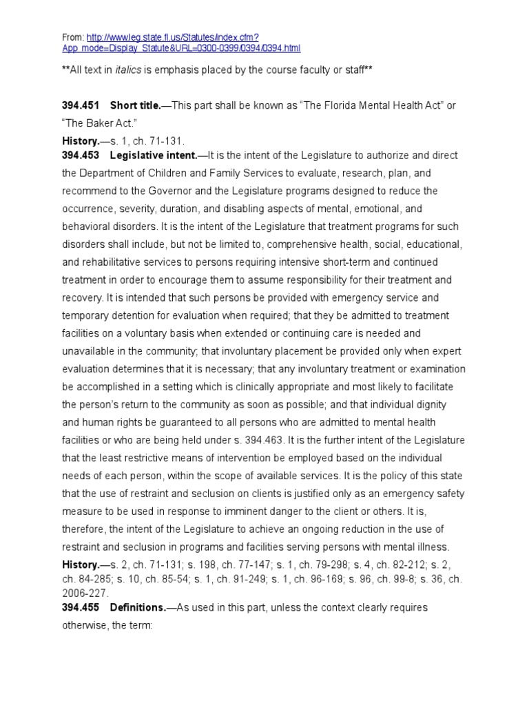 Baker Act Full Text | PDF | Psychiatry | Patient