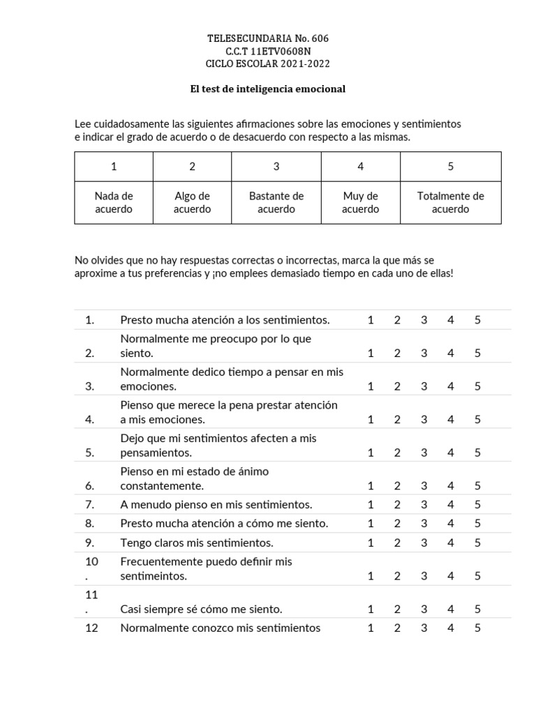 Test de Inteligencia Emocional | PDF | Las emociones | Inteligencia ...