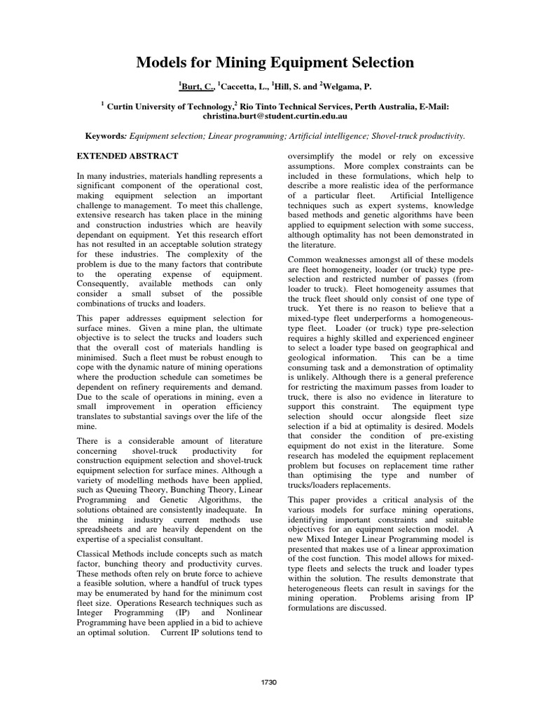 Models For Mining Equipment Selection | Download Free PDF ...