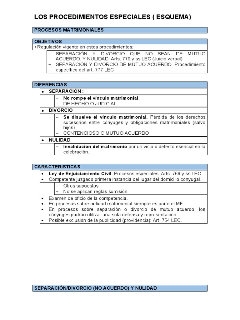 Los Procedimientos Especiales (Esquema) | PDF | Derecho