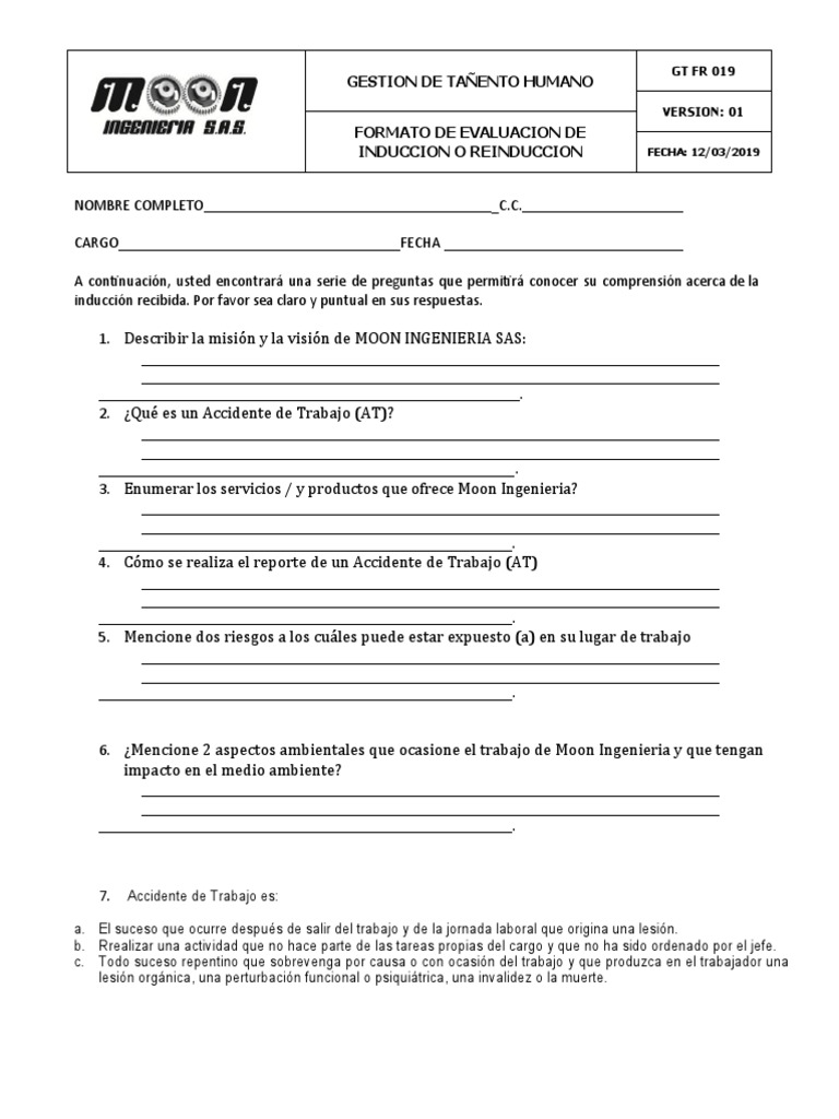 GT FR 019 Formato de Evaluacion de Induccion o Reinduccion | PDF